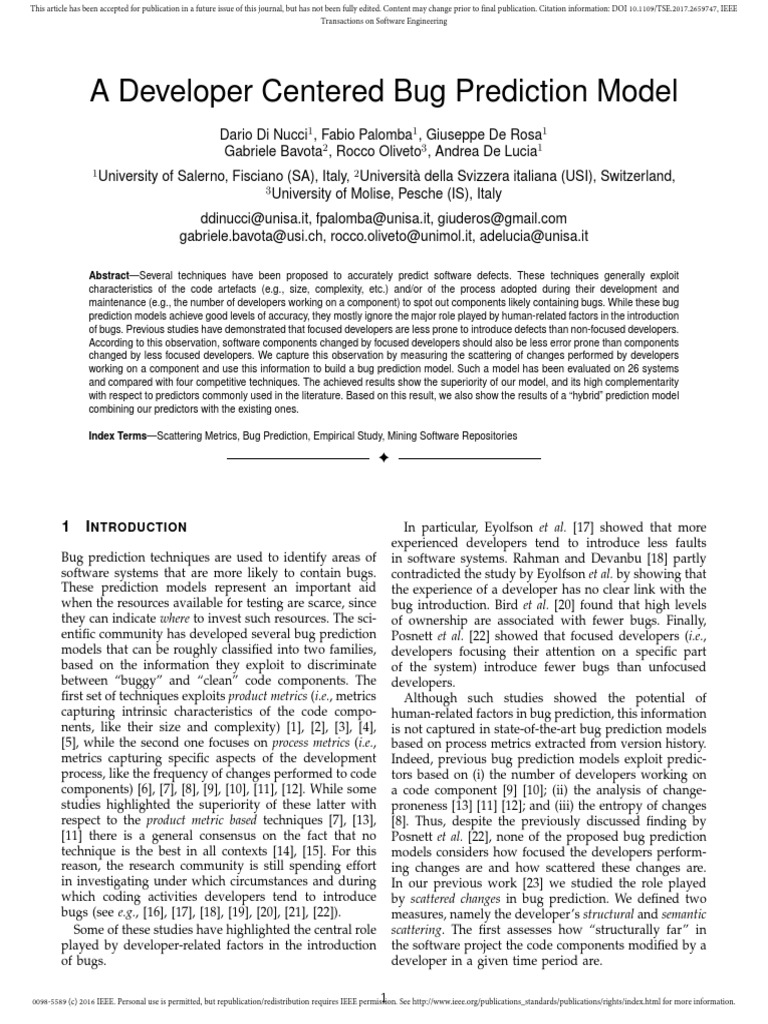 A Developer Centered Bug Prediction Model Download Free Pdf Software Bug Prediction