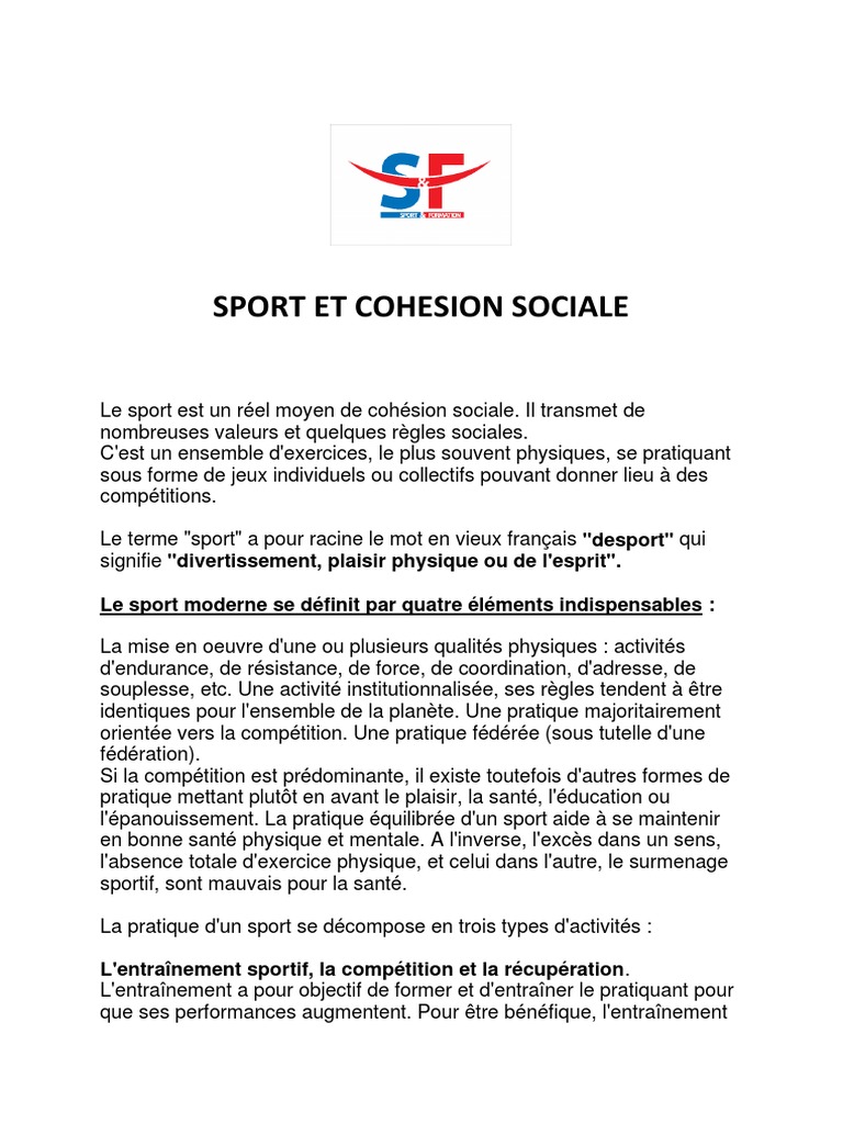 Sport et Cohésion Sociale : Valeurs et Règles | PDF | Des sports