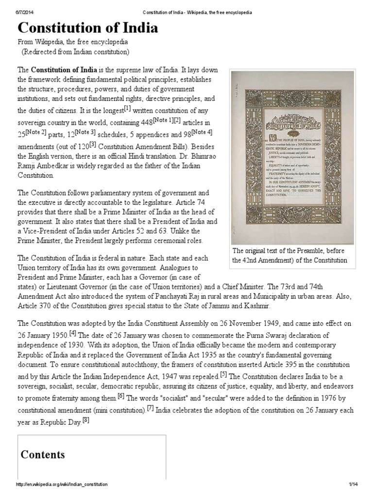 Constitution of India - Wikipedia, The Free Encyclopedia | PDF ...