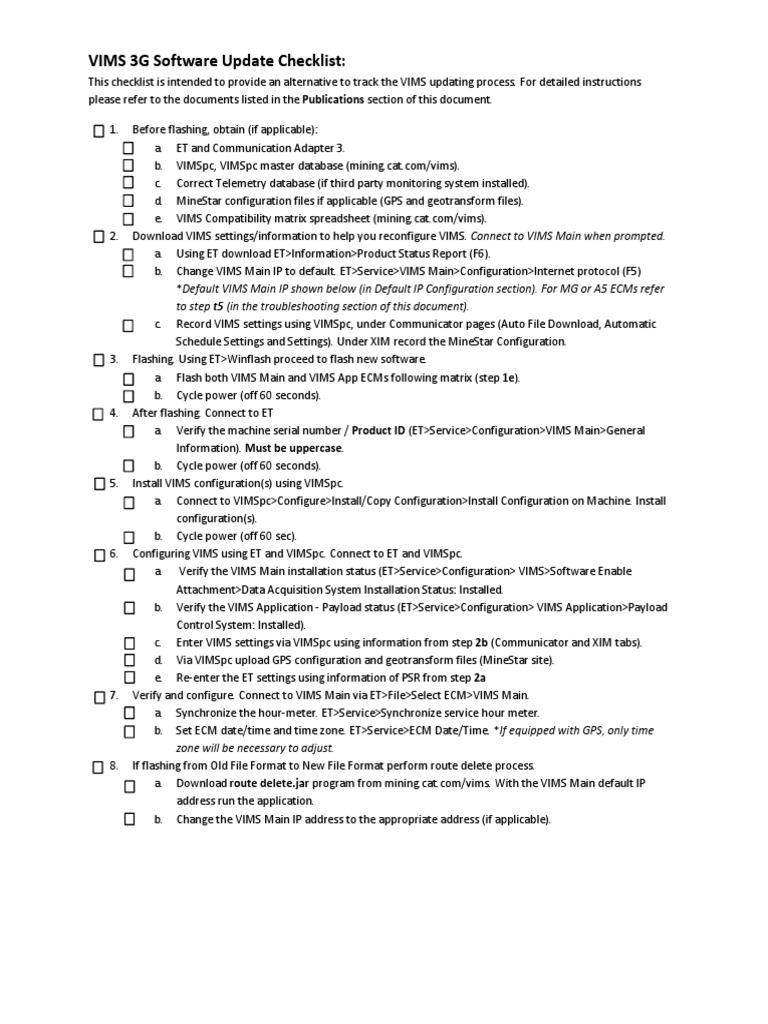 VIMS 3G Software Update Checklist | PDF | Ip Address | Computing