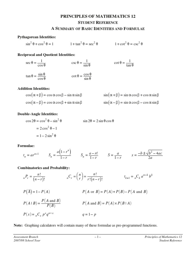 Math 12 Formula Sheet | PDF | Trigonometric Functions | Combinatorics