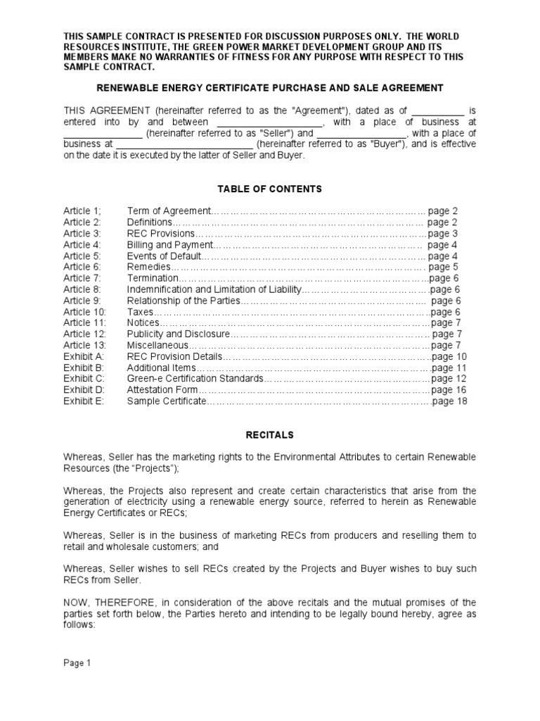 Sample REC Contract | Invoice | Indemnity