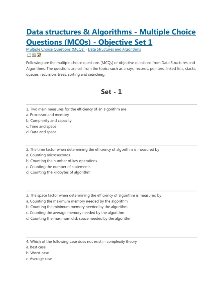 Multiple Choice Questions (MCQS) Data Structures and Algorithms | PDF | Array Data Structure ...