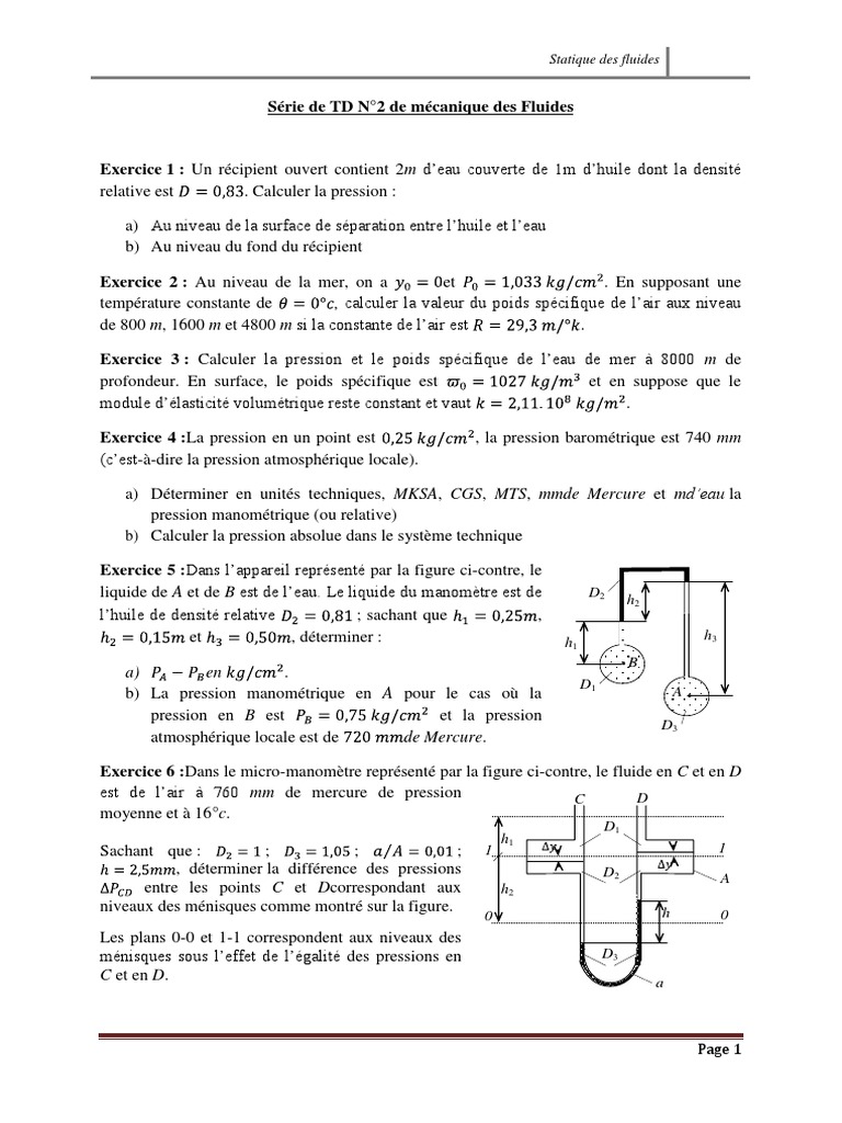 Série de TD 2 Statique Des Fluides | PDF | Pression | mesure de pression