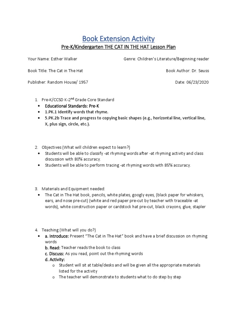 Book Extension Activity: Pre-K/Kindergarten THE CAT IN THE HAT Lesson ...