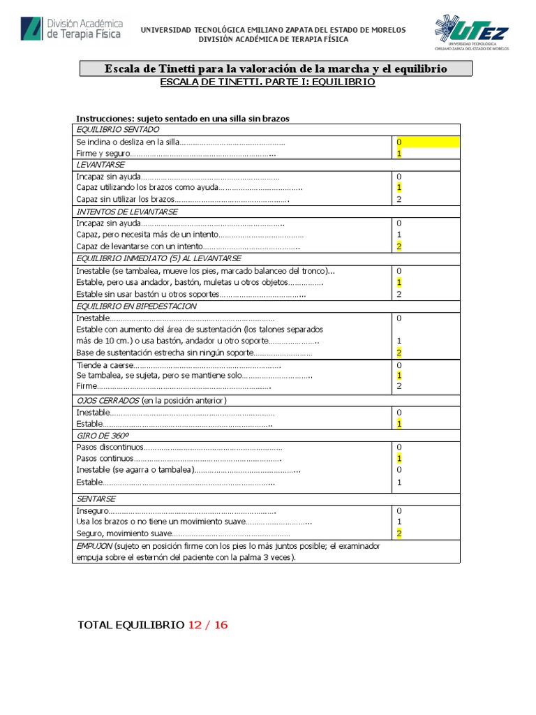 Evaluación de la marcha y el equilibrio mediante la Escala de Tinetti | PDF