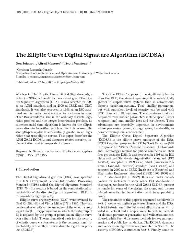 The Elliptic Curve Digital Signature Algorithm (ECDSA) | PDF | Public Key Cryptography | Field ...
