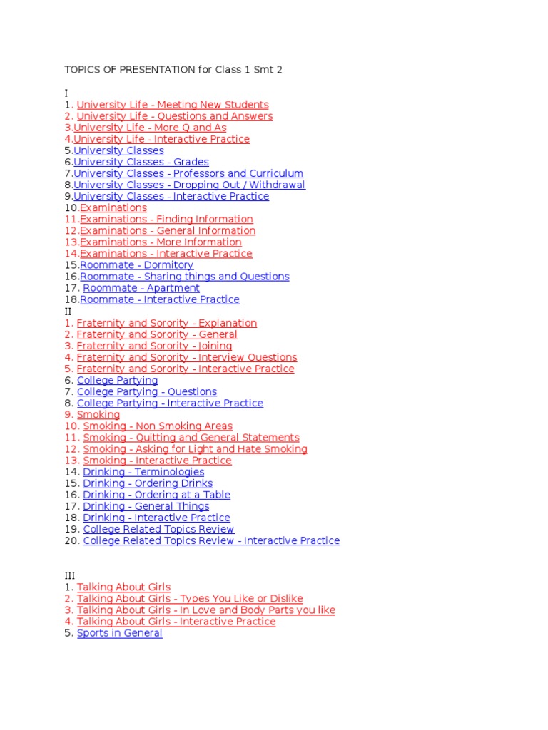 Topics of Presentation For Class 1 SMT 2 | PDF | Roommate | Test ...