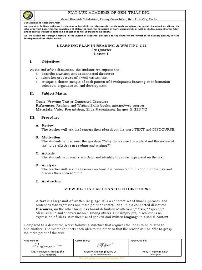 Reading & Writing Lesson Plan Text As Connected Discourse | PDF ...