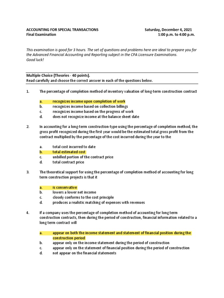 FINAL EXAMINATION - Accounting For Special Transactions With ANSWERS | PDF