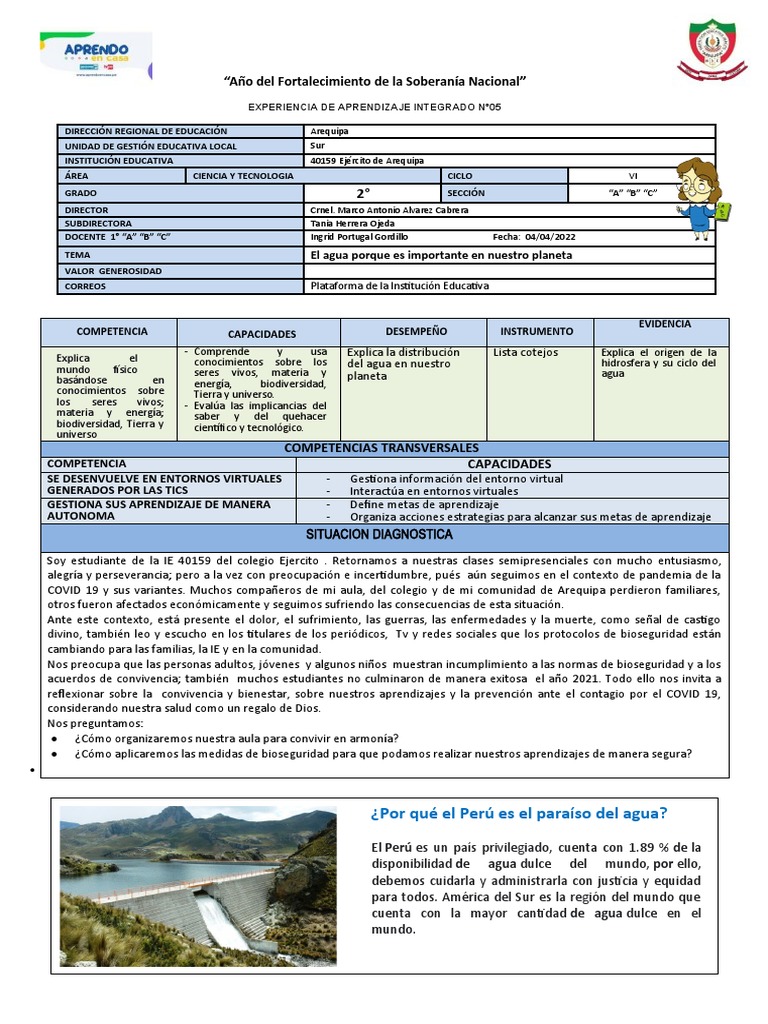 N 05 Experiencia De Aprendizajes Primero Acceso Y Uso Del Agua Pdf