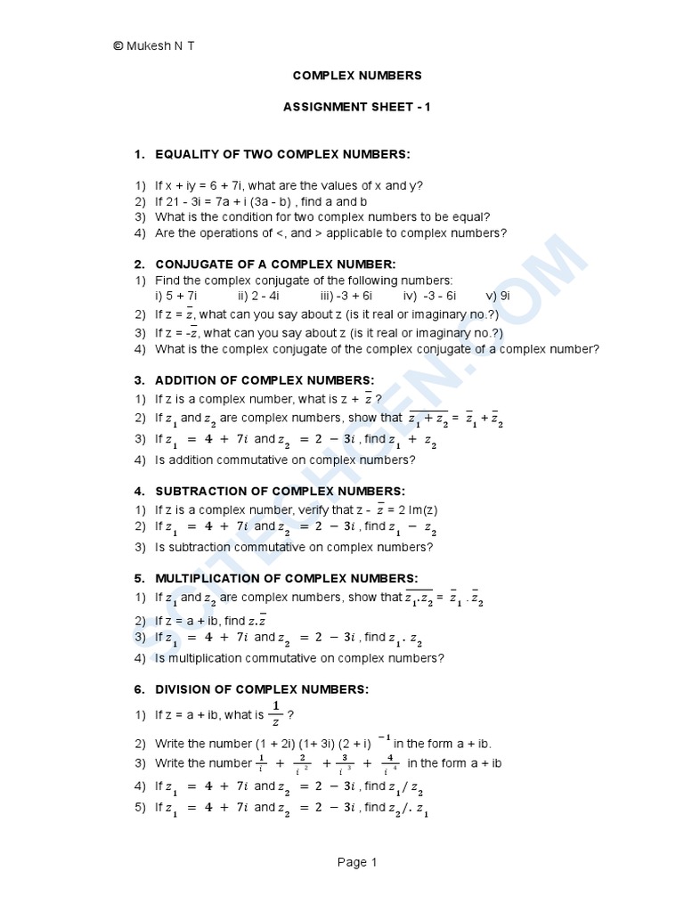Complex Numbers-Assignment 1 | Download Free PDF | Complex Number | Numbers