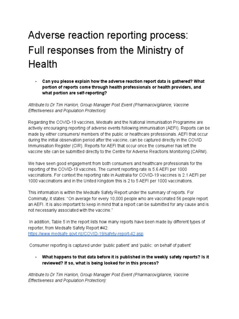 Ministry of Health/Medsafe: Adverse Reaction Reporting Process | PDF ...
