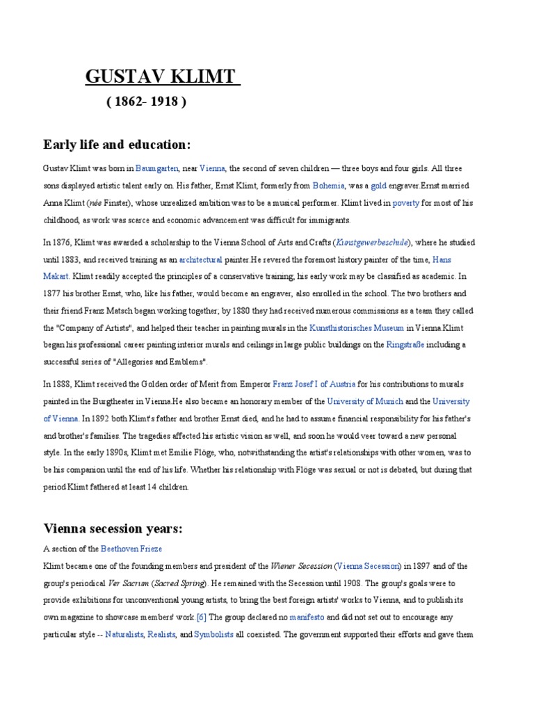Gustav Klimt: (1862-1918) Early Life and Education | PDF | Gustav Klimt ...