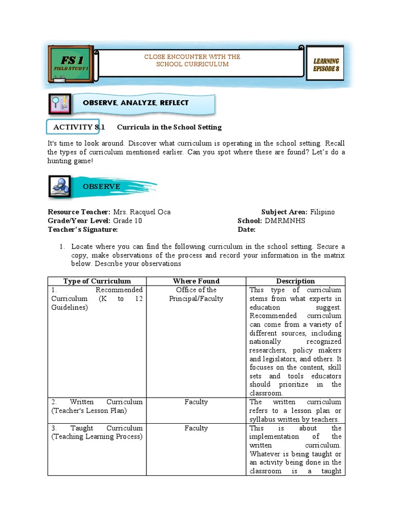 NACINOPA - FS 1 Learning Episode 8 | PDF | Curriculum | Lesson Plan
