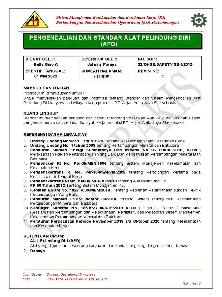 SOP Pengendalian Dan Standar APD | PDF