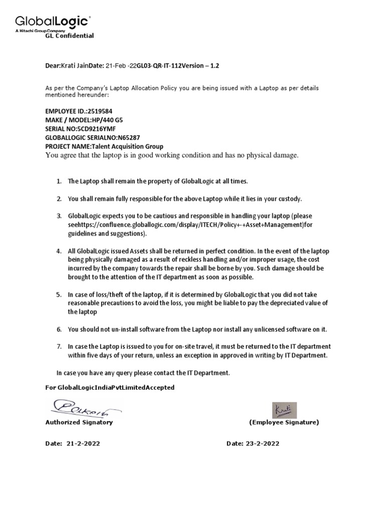 GL03-QR-IT-112 - Laptop Declaration | PDF