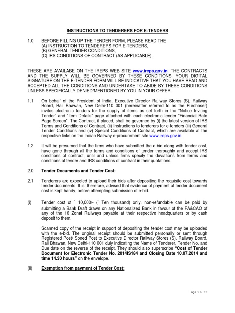 Instructions To Tenderers For E-Tenders: WWW - Ireps.gov - in | PDF ...