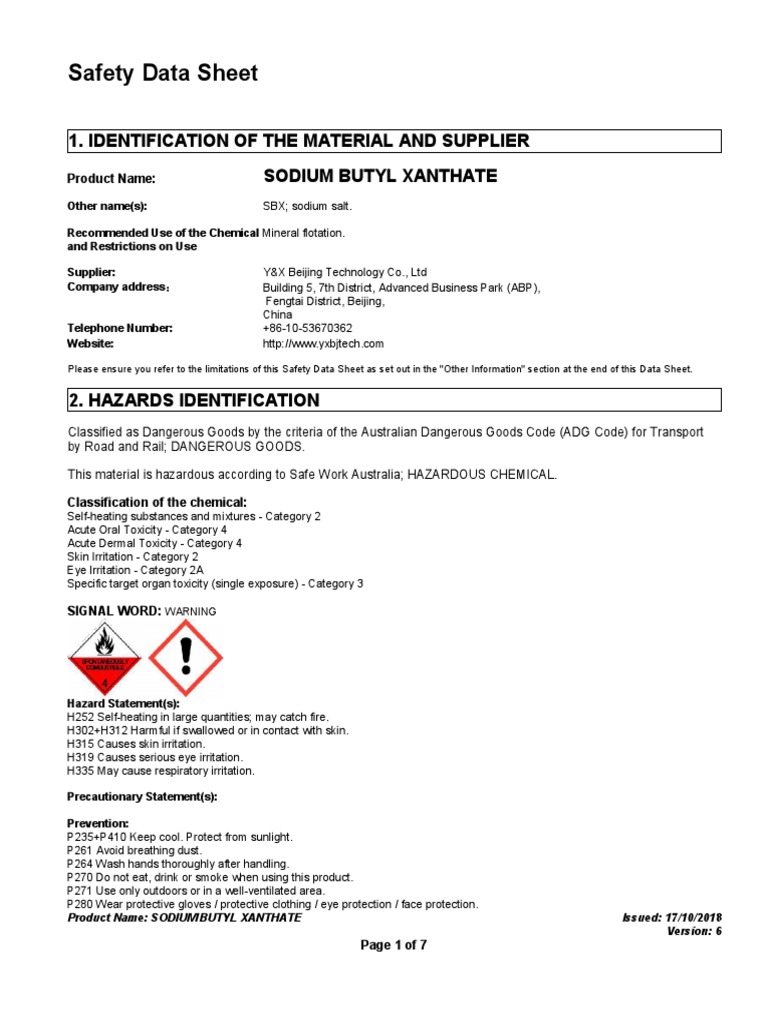 MSDS of Sodium Butyl Xanthate - Y&X | PDF