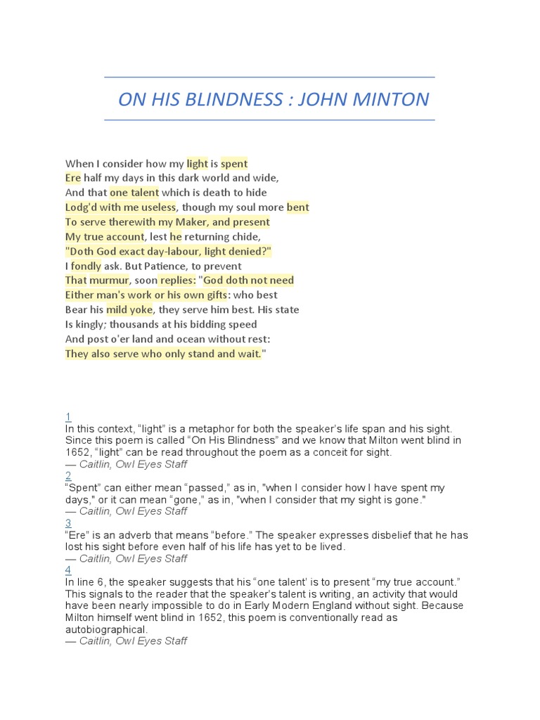On His Blindness: John Minton: - Caitlin, Owl Eyes Staff | PDF ...