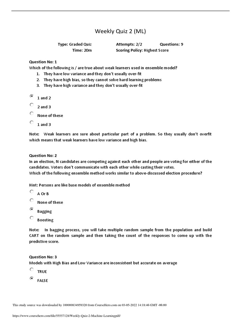 Weekly ML Quiz 2: Weak Learners & SMOTE | PDF | Cognitive Science ...