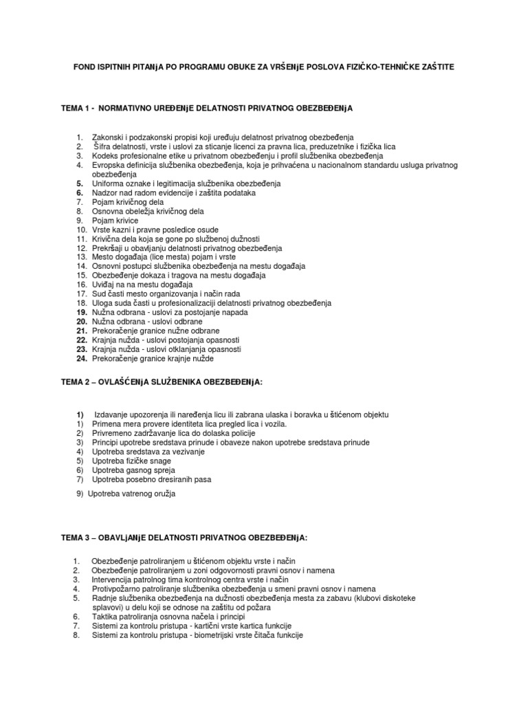 2011 06 11 Fond+ispit - pitanja.LAT +poslovi+fizicko-Tehnicke+zastite++ | PDF