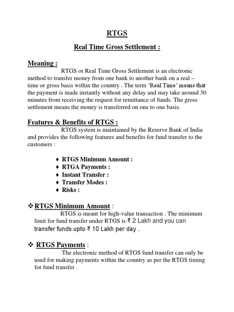 Real Time Gross Settlement: Meaning:: RTGS Minimum Amount | PDF ...
