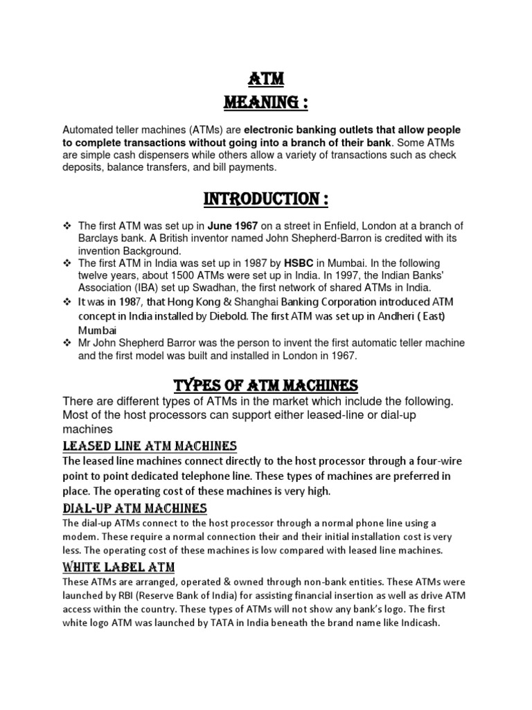 ATM Meaning:: Types of ATM Machines | PDF