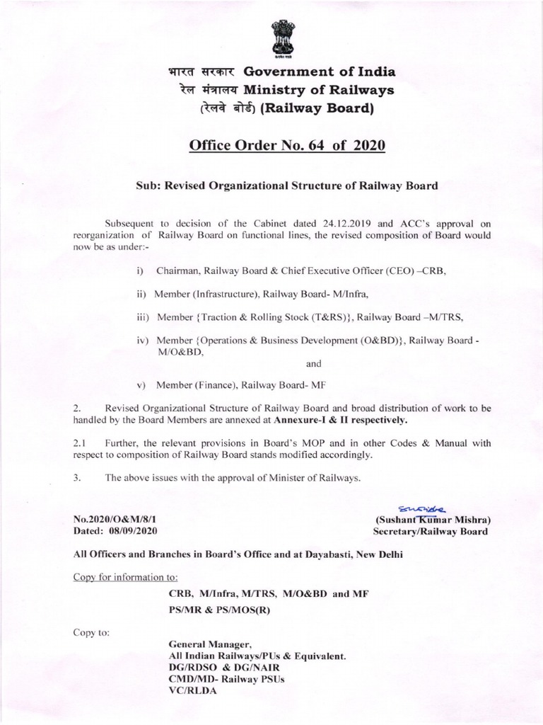 Revised Organisation Structure of Railway Board | Download Free PDF ...