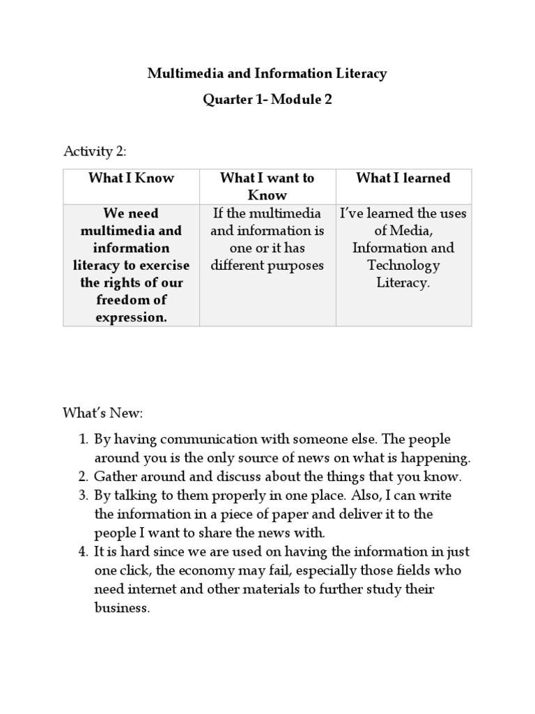 Multimedia and Information Literacy Quarter 1-Module 2 | PDF | Mass ...