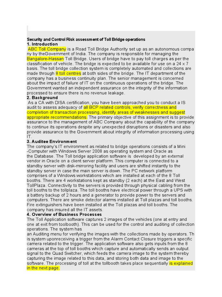 Security and Control Risk Assessment of Toll Bridge Operations | PDF ...