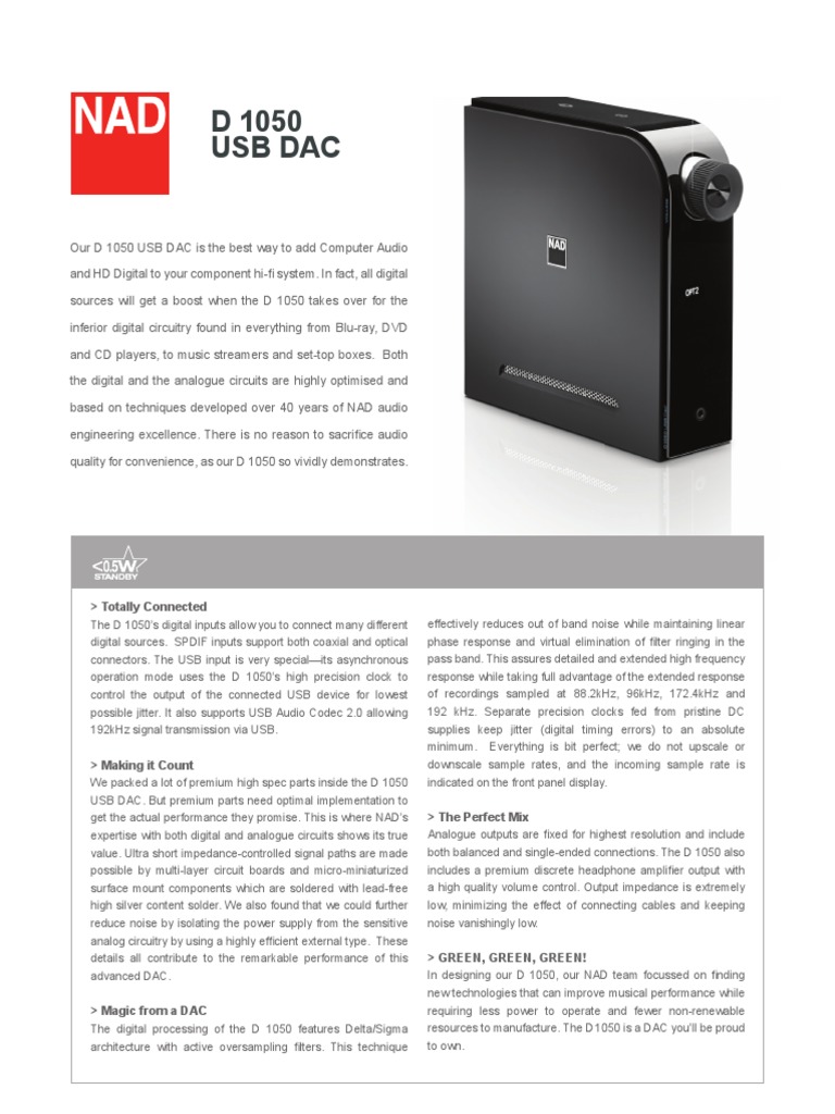 NAD D 1050 USB DAC Data Sheet | PDF | Digital To Analog Converter | Usb