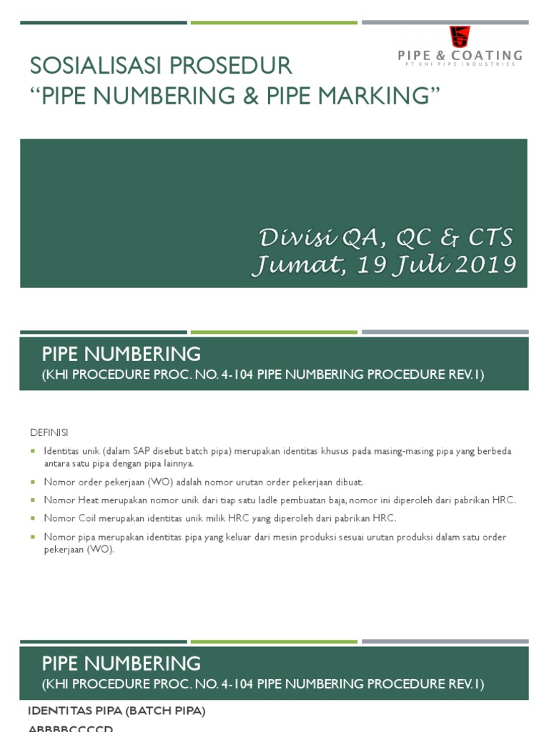 Sosialisasi Prosedur Pipe Numbering Dan Pipe Marking | PDF