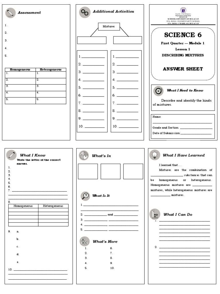 Answer Sheet-Science 6-Q1-Module 1-Lesson-1 | PDF | Mixture ...