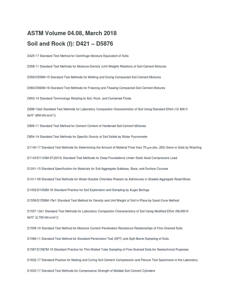 ASTM Volume 04.08, March 2018 Soil and Rock (I) : D421 - D5876 | PDF | Soil | Groundwater