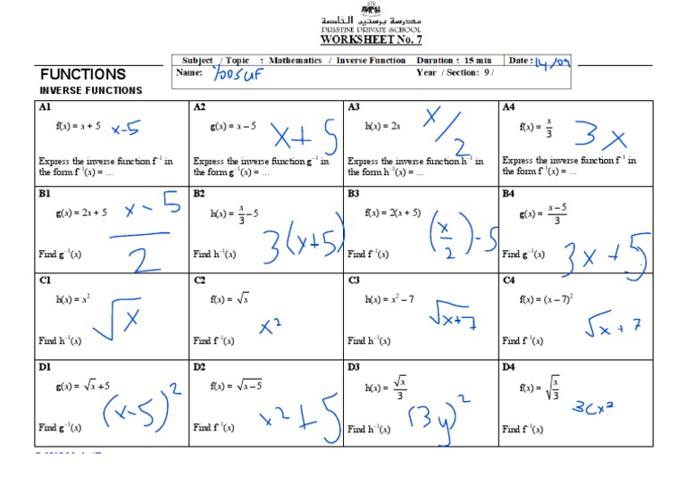 10.WS-7 Inverse-Functions 14-09-2021 Work | PDF | Chess