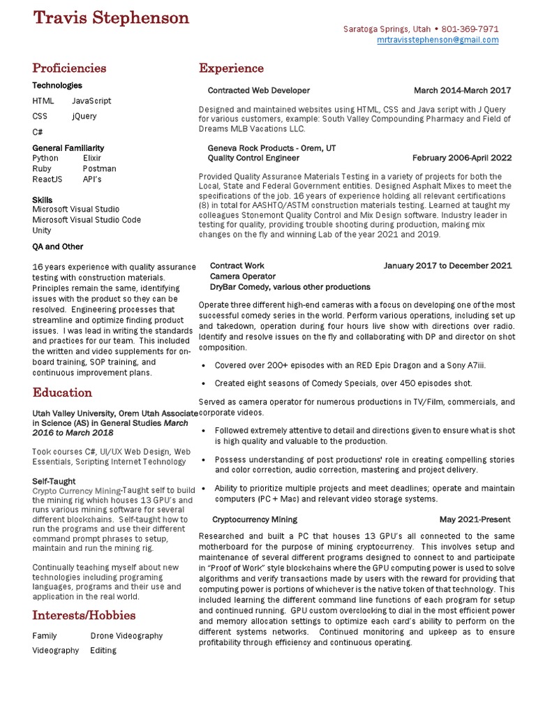 Travis Stephenson QA Resume V2 | PDF | Cryptocurrency | Java Script