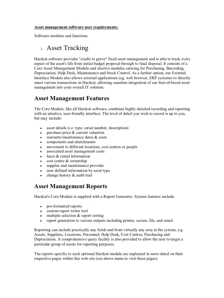 Asset Management Software User Requirements | PDF | Barcode | Graphics