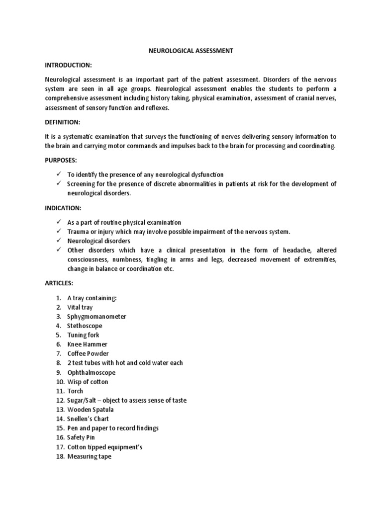 Neurological Assessment Overview | PDF | Neurology | Hand
