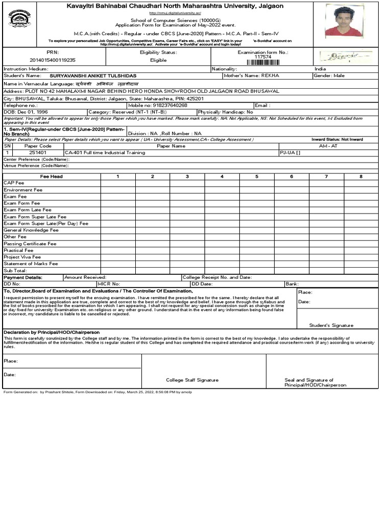 MCA Exam Application Form - May 2022 | PDF | Test (Assessment) | Fee