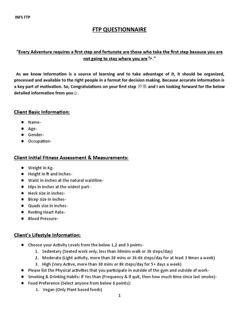 First Steps to Fitness: A Detailed Client Questionnaire for Developing ...