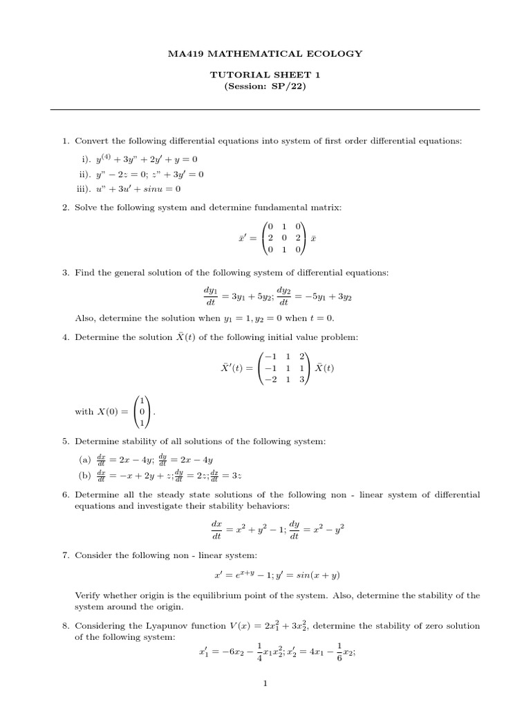 Ma419 Mathematical Ecology Tutorial Sheet 1 (Session: SP/22) | PDF ...