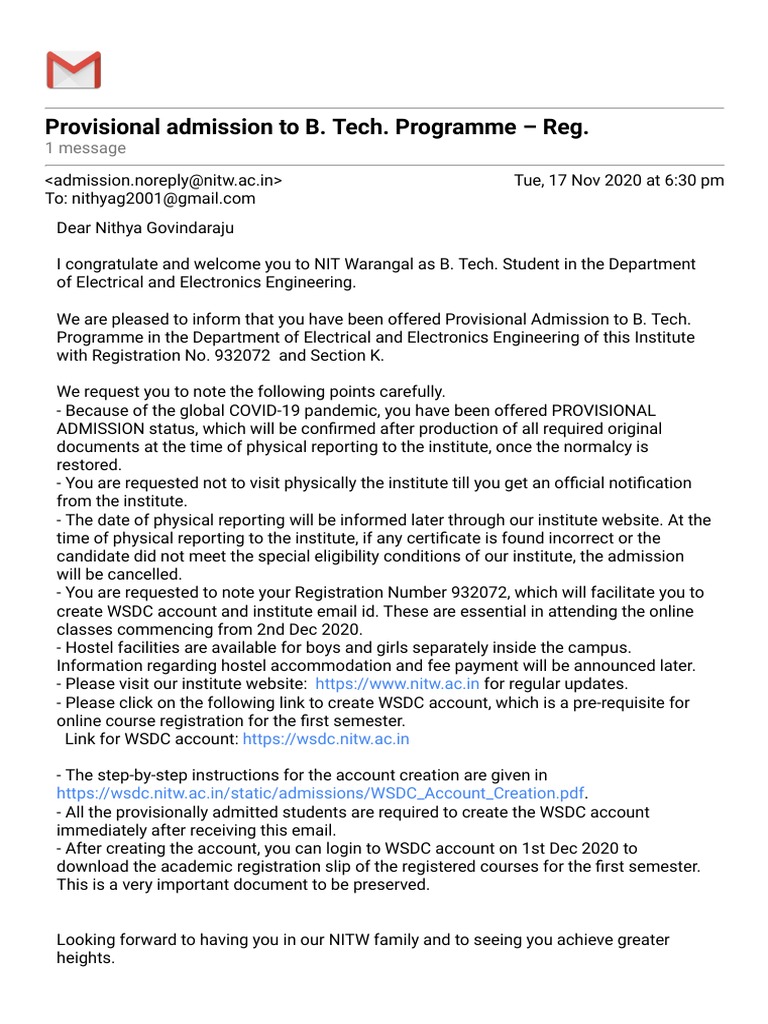 NIT Warangal B. Tech Provisional Admission | PDF