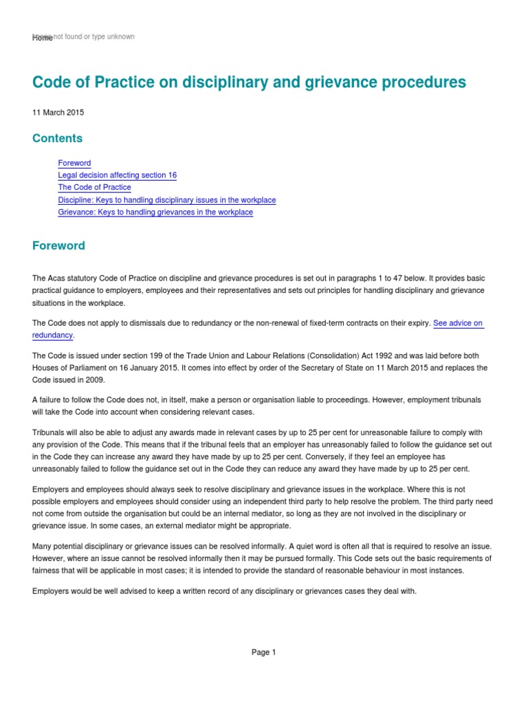 Code of Practice On Disciplinary and Grievance Procedures | PDF ...