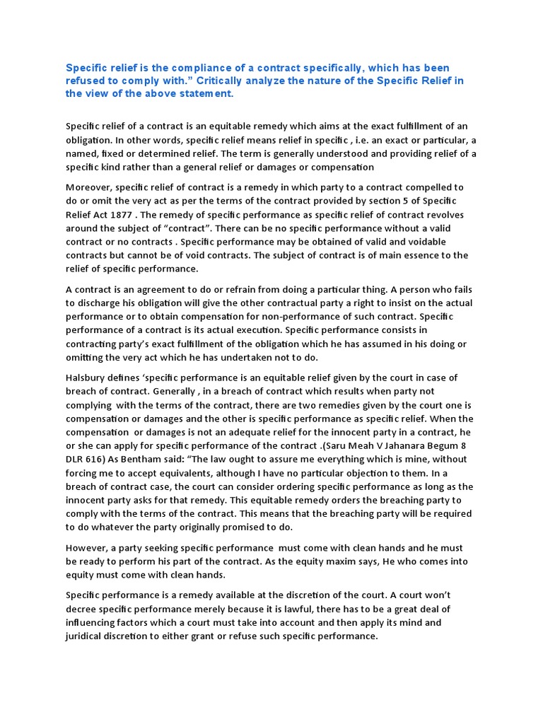 Understanding Specific Performance in Contracts | PDF | Legal Remedy ...
