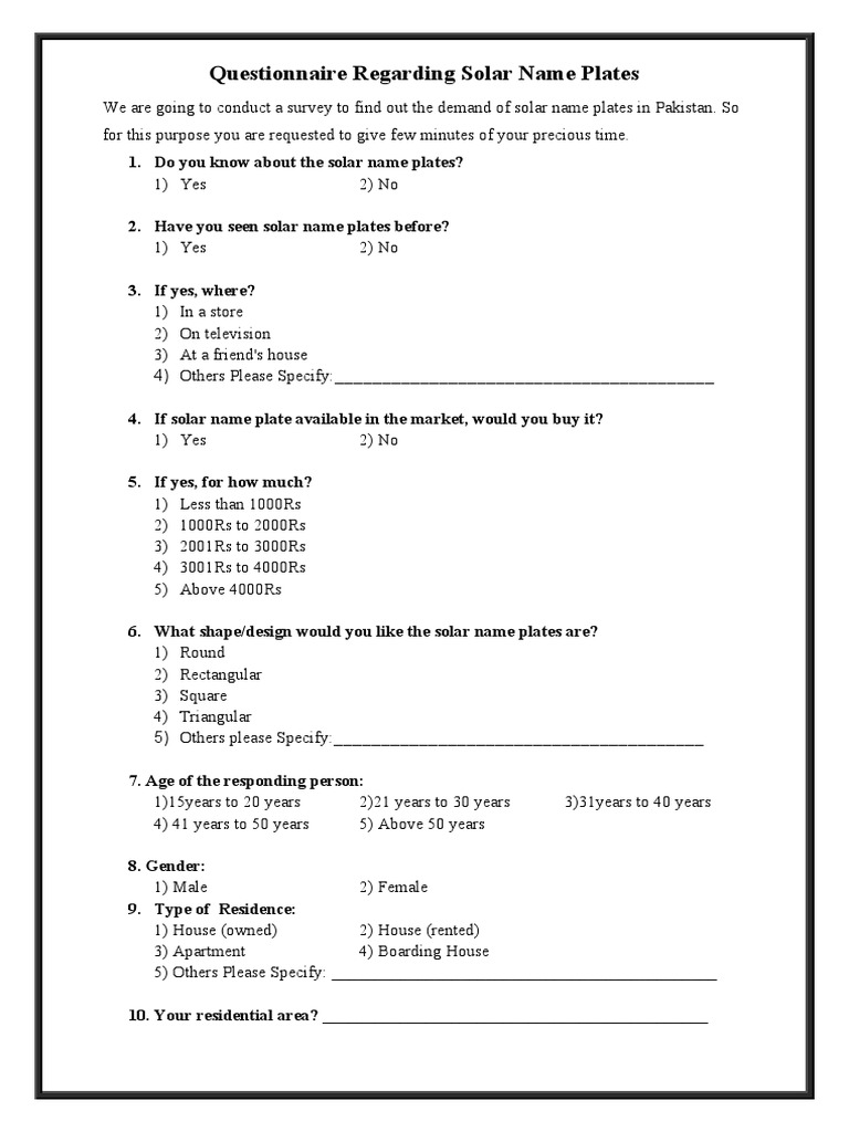 Solar Name Plates Survey Questionnaire | PDF | Language Arts & Discipline