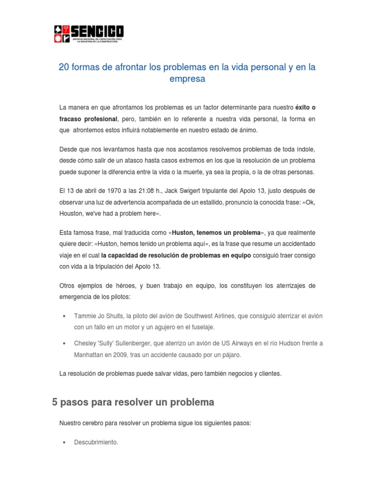 20 Formas de Afrontar Los Problemas en La Vida Personal y en La Empresa | PDF | Toma de decisiones
