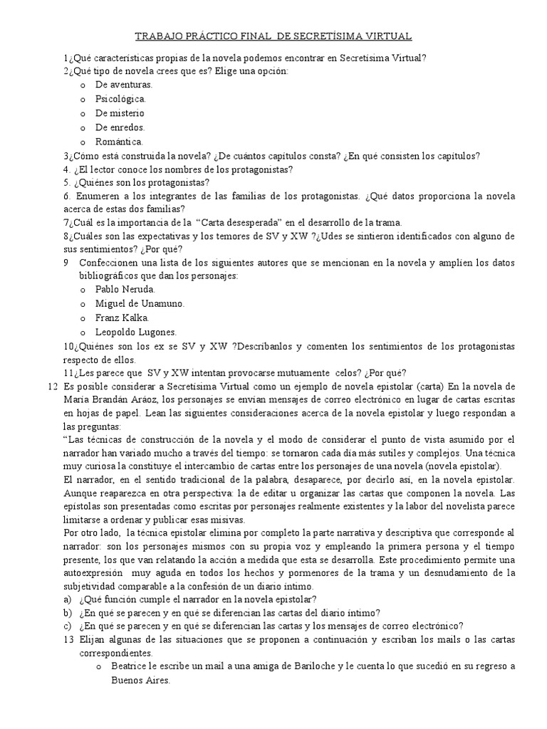 Trabajo Práctico de Secretísima Virtual | PDF | Novelas