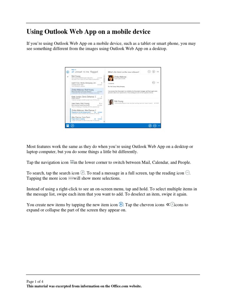 Using Outlook Web App On A Mobile Device: Page 1 of 4 | PDF | Microsoft ...