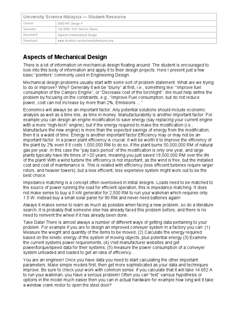 Aspects Mechanical Design | PDF | Engineering Design Process | Design